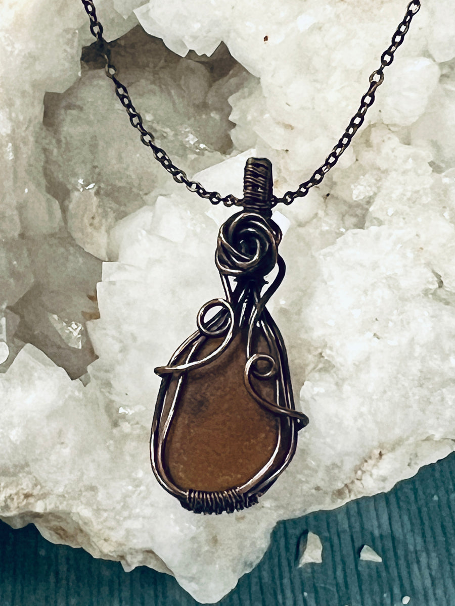 Copper Wrapped Brown Sea Glass with Rose Pendent – Martha's Vineyard Made